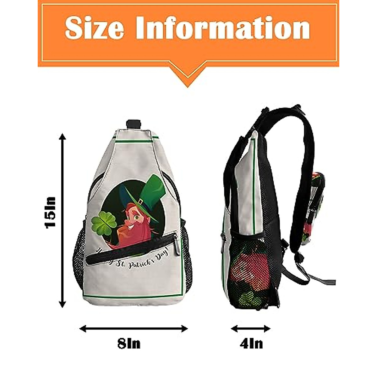 Sling Backpack, St.Patrick's Day Shamrocks Gnome Black Green Border Linen Waterproof Lightweight Small Sling Bag, Travel Chest Bag Crossbody Shoulder Bag Hiking Daypack for Women Men
