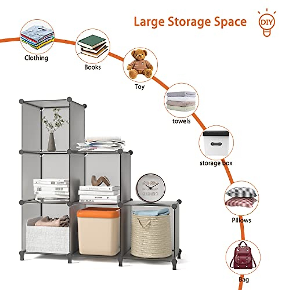 Closet Organizers and Storage, Cube Closet Organizer, Cubes Storage Organizers, Closet Storage Cabinet Shelf, Bookcase Bookshelf for Bedroom, Office (Grey, 6 Square)