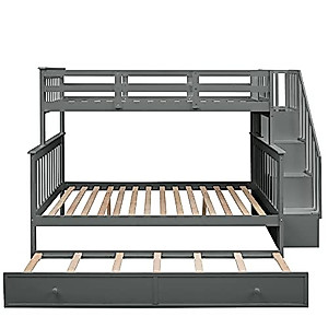 BIADNBZ Twin Over Full Bunk Bed with Trundle and Staircase, Solid Wood Stairway Bunkbeds w/Guard Rail and Storage Stairs, Can Be Divided Into Two Platform Bedframe, for Kids/Teens/Adults, Gray