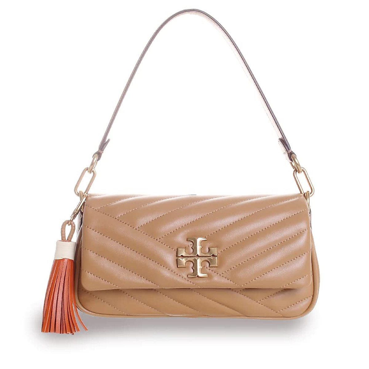 Tory Burch Women's Dusty Almond Brown Kira Chevron Leather Tassel Shoulder Bag Handbag