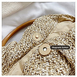 QTKJ Hand-woven Large Straw Tote Bag with Beige Leather Tassels Boho Brown Wooden Round Handle Tote Retro Summer Beach Bag Rattan Handbag (Beige)