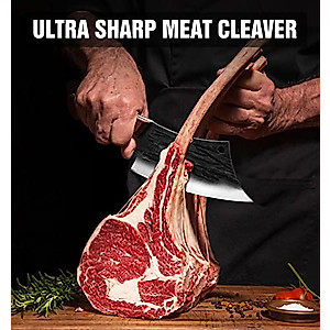 ENOKING Meat Cleaver Hand Forged Chef Knife High Carbon Steel Kitchen Butcher Knife with Full Tang Handle Leather Sheath Chopping Knife for Kitchen, Camping, BBQ (6.3 IN)