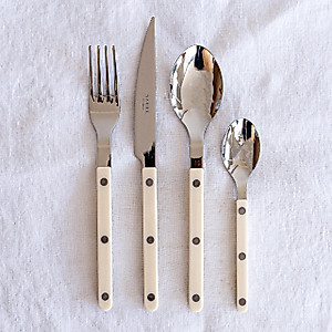 SABRE PARIS - 5-Piece Flatware Set - Bistrot Collection - Knife, Fork, Soup Spoon, Teaspoon & Dessert Fork - Stainless Steel & Nylon - Dishwasher Safe - Ivory - Brilliant Finish