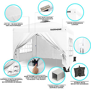 OASISHOME Pop-up Gazebo Instant Portable Canopy Tent 10'x10', with 4 Sidewalls, Windows, Wheeled Bag, for Patio/Outdoor/Wedding Parties and Events (10FTx10FT, White)