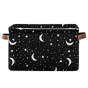 susiyo Black Space Star Moon Storage Bins 2 Pcs, 14 x 10 inch Canvas Storage Basket for Shelves Closet Organizing
