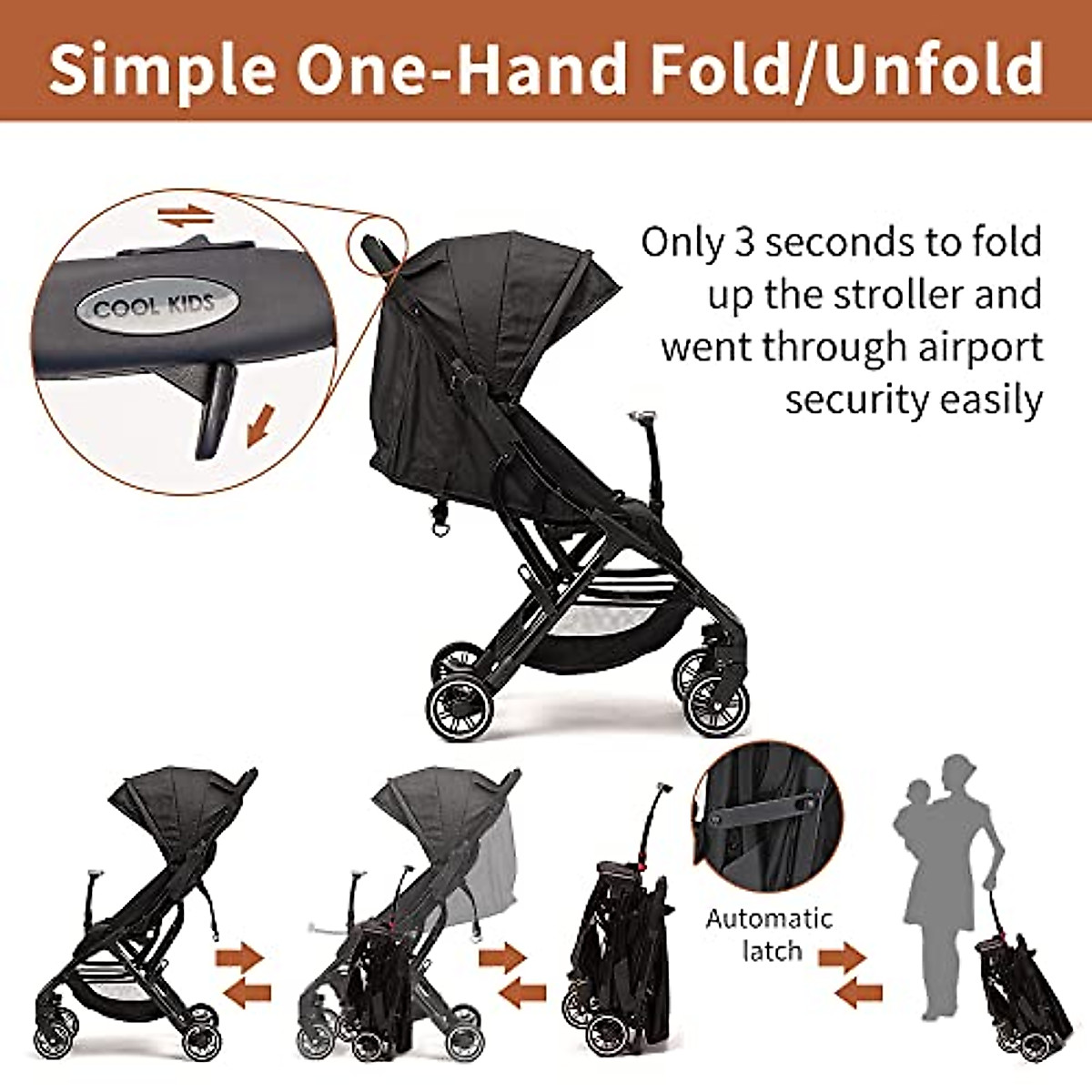 Lightweight Travel Stroller - Compact Travel Stroller for Airplane, One-Hand Folding Baby Stroller, Toddler Stroller w/Adjustable Backrest/Footrest/T-Shaped Bumper(Black)