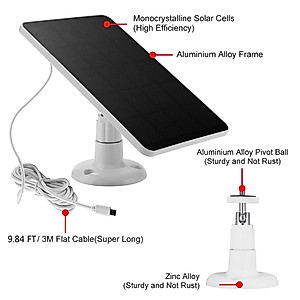 Solar Panel Charger -Weather Resistant, 4W 5V Solar Panel Wall Mounting Low-Power Solar Charging Panel Waterproof for Doorbell Security Camera,Bird Feeder Camera etc. with 300cm Cable Bracket