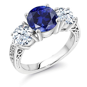 Gem Stone King 4.50 Cttw Blue Created Sapphire and White Created Sapphire 3-Stone Ring For Women In 925 Sterling Silver | Round 8MM and 6MM | Available in size 5, 6, 7, 8, 9