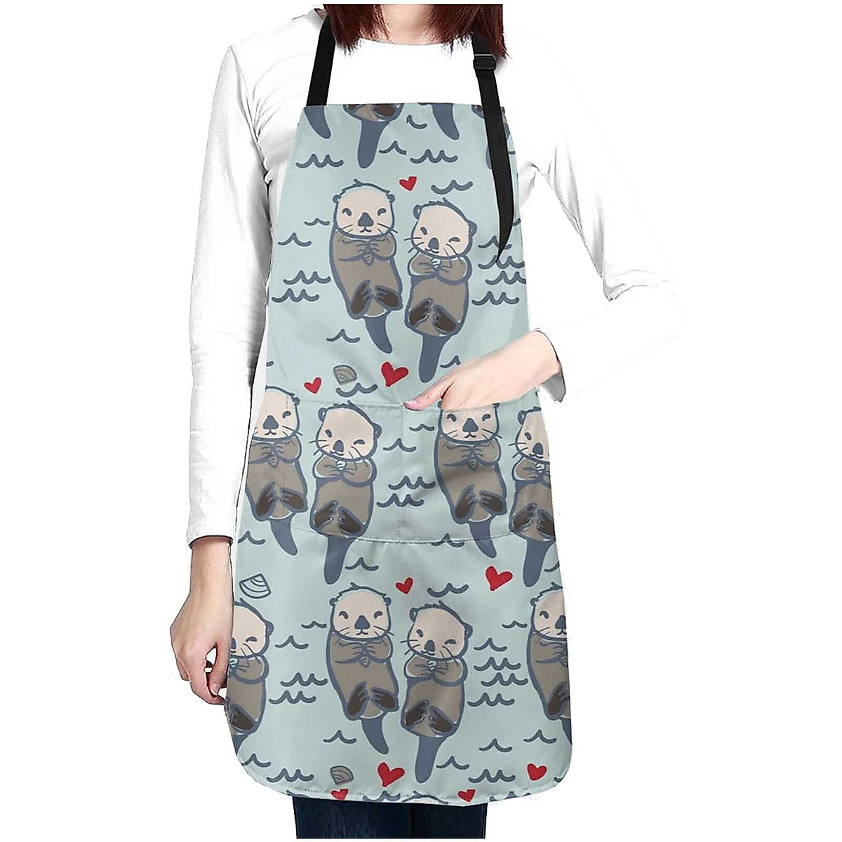 NVJUI JUFOPL Cute Apron for Men Women with 2 pockets, Neck Strap Adjustable, Cooking, Baking, Barbecue, Gardening, Haircut - Chef Kitchen Funny Aprons - Cute Sea Otter
