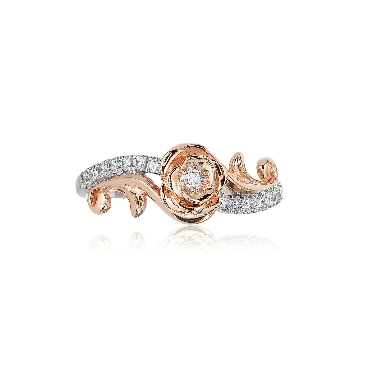 Jewelili Enchanted Disney Fine Jewelry 10k White and Rose Gold 1/5 Cttw Diamond Belle Rose Ring Size 8