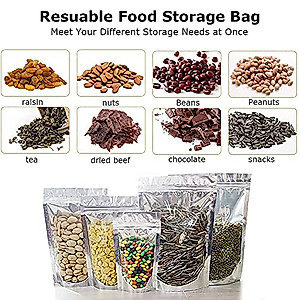 Mylar Bags, 90 Pack 9 Sizes 7mil Mylar Bags for Food Storage, Resealable mylar ziplock bags, Stand Up Pouch Bags, Clear Front with Aluminum Foil Back, Zipper Bags with Gusset Bottom for Multipurpose