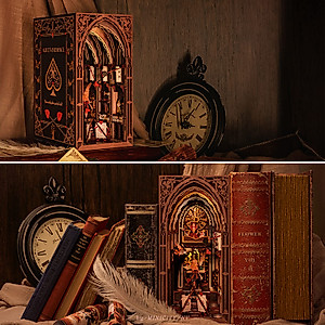 𝗠𝗶𝗻𝗶𝗖𝗶𝘁𝘆 Book Nook Kit, DIY Miniature Dollhouse Booknook Kit, 3D Wooden Puzzle Bookend Bookshelf Insert Decor with LED Light for Teens and Adults (Alice in Wonderland)