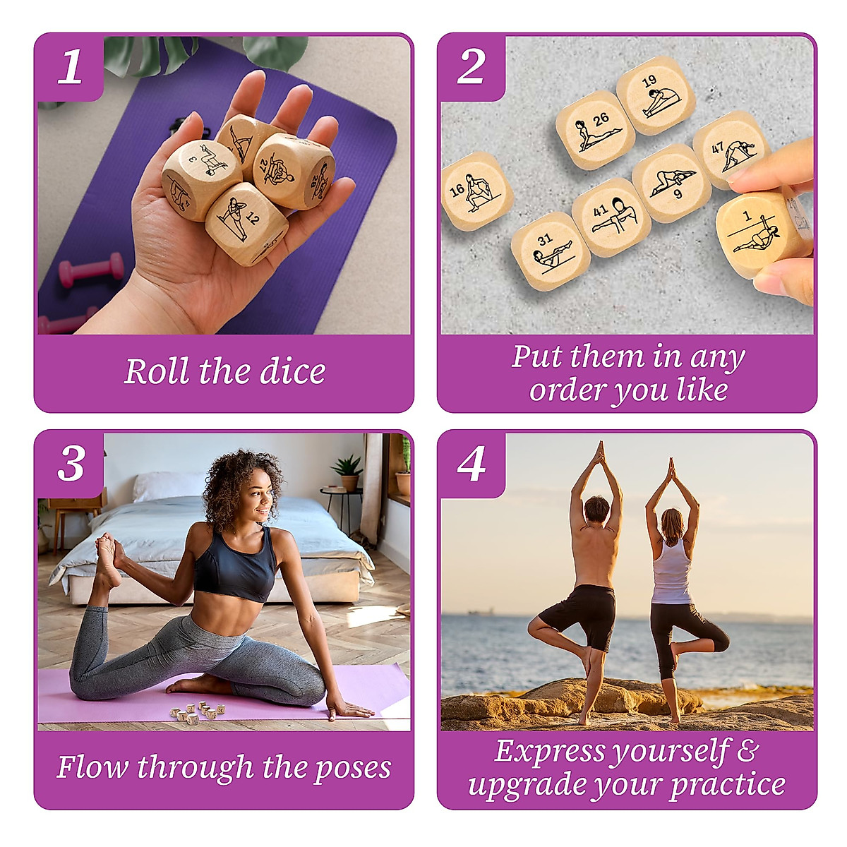 Zinsk 8-pc Wood Yoga Dice Set - Creative Yoga Accessories and Fun Yoga Gifts for Women - Wooden Workout Dice & Fitness Dice to Create Yoga Flows in Seconds - Yoga Stuff for Yogis and Yoga Instructors