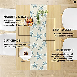 Blue Starfish Table Runner,Nautical Beach Table Runner Decor for Dinning Room Kitchen Ocean Sea Table Runner Decorations for Holiday Party, Housewarming Gifts for Women Friends Couple, 13X72Inches