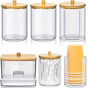 XEFINAL 4 Pack Acrylic Qtip Holder Dispenser with Bamboo Lid, Cotton Ball Pad Round Swab Holder for Cotton Pads Cotton Balls Hair Ties Rustic Bathroom Decor Accessories Storage Organization