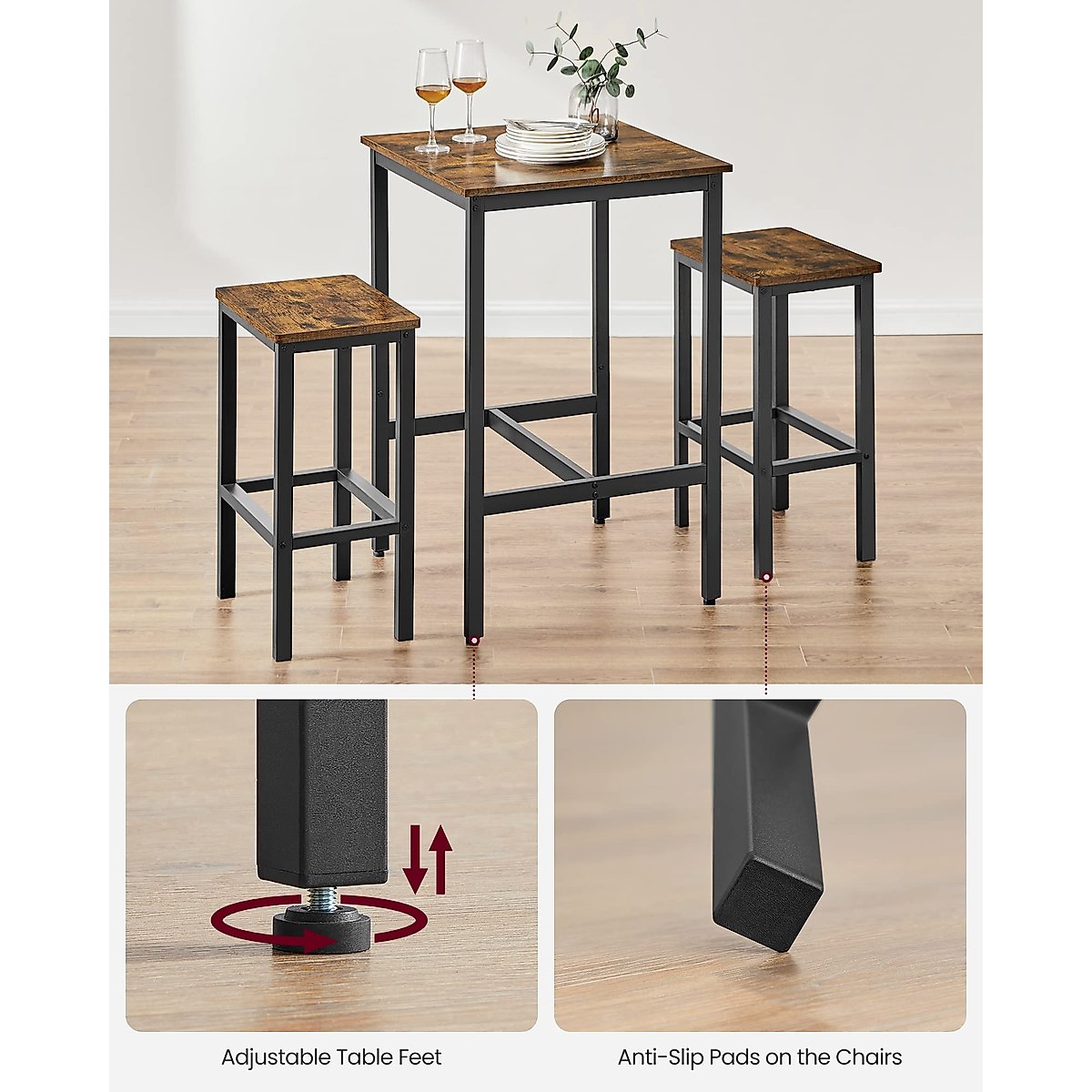 VASAGLE Bar Table and Chairs Set, Square Bar Table with 2 Bar Stools, Dining Pub Bar Table Set for 2, Space Saving for Kitchen Breakfast, Living Room, Party Room, Rustic Brown and Black