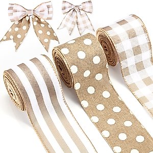 Wiaxin 3 Rolls Burlap Wired Ribbons Plaid Wrapping Striped Gingham Grosgrain Ribbon Dot Pattern for DIY Crafts Party Home Decoration, 2.5 Inch x 15 Yards (Linen Color), (Wiaxin-Ribbon-2055)