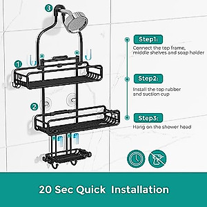 HAMITOR Adjustable Large Shower Organizer with Soap Holder - Rust Proof Bathroom Shelf Shampoo Storage Rack with 3-Tier Baskets - 4 Movable Hooks for Razor Loofah Black