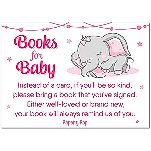 50 Books for Baby Shower Request Cards for Girl (50 Pack) - Elephant - Bring a Book Instead of a Card - Baby Shower Invitations Inserts Supplies
