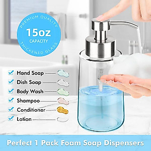 GLUBEE Foaming Soap Dispenser, 15 Oz Glass Hand Soap Dispenser with Rust Proof Stainless Steel Pump, Refillable Clear Foam Soap Dispenser Bottle with Wide Opening for Bathroom Decor & Kitchen