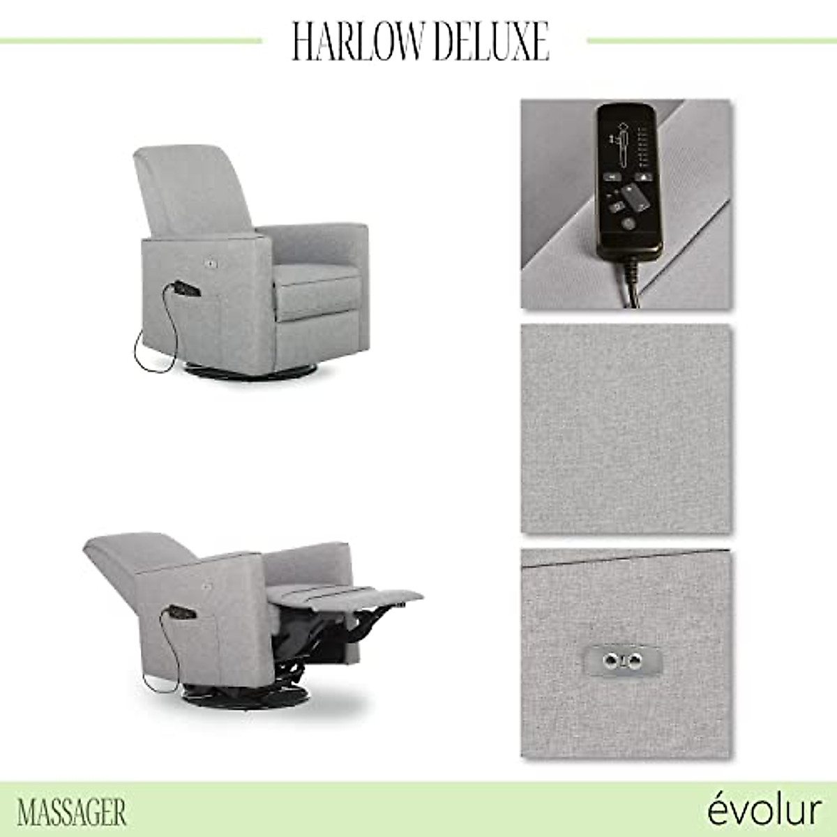 Evolur Harlow Deluxe Glider with Massager |Recliner| Rocker in Light Grey