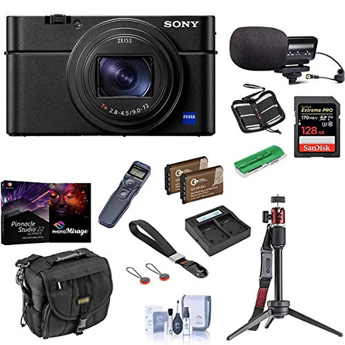 Sony Cyber-Shot DSC-RX100 VII Digital Camera - Bundle with 128GB SDXC U3 Card, Table top Tripod, Camera Case, Spare Battery, Shotgun Microphone, Remote Shutter Release, Software Package, and More