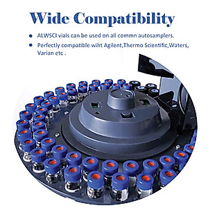 ALWSCI 2 ml 9 mm HPLC Vial, Amber Autosampler Vial, BorosiliGlass Sample Vial with Graduation, 9-425 Type Screw Threaded Vial, Blue Screw Cap with Hole, White PTFE&Red Silicone Septa, 100 of Pack