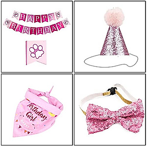 Dog Birthday Party Supplies-Dog Birthday Set with Dog Bandanas,Dog Hat，Dog Collar and Birthday Banner,Dog Party Decorations for Small Medium Large Dog Pet. (Pink)