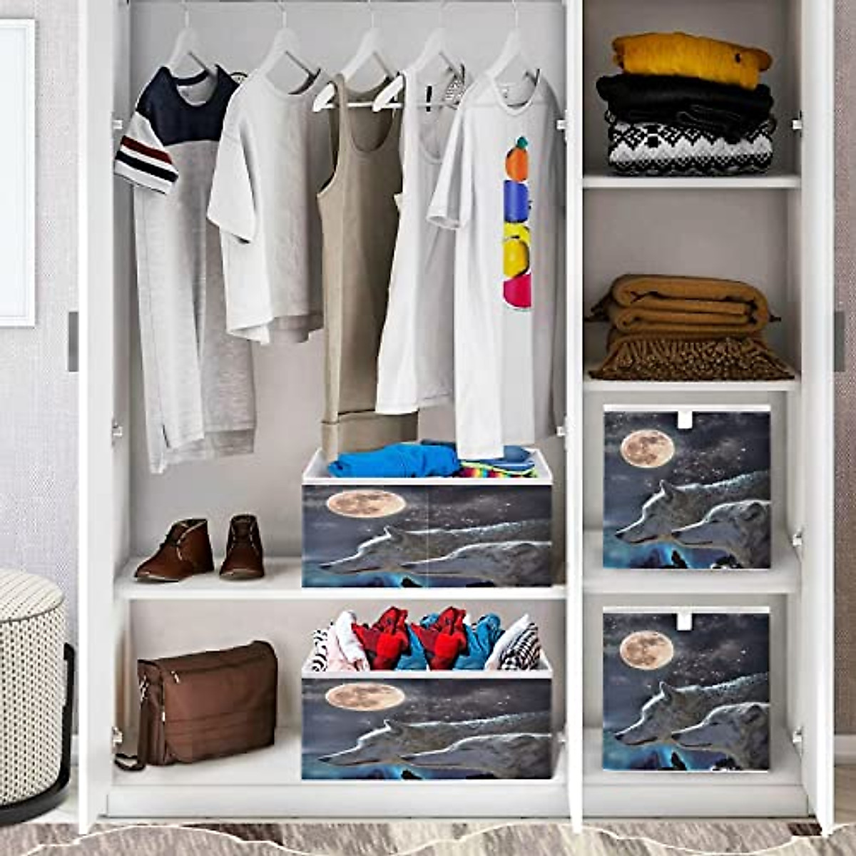 visesunny Closet Baskets Wolf Animal Storage Bins Fabric Baskets for Organizing Shelves Foldable Storage Cube Bins for Clothes, Toys, Baby Toiletry, Office Supply