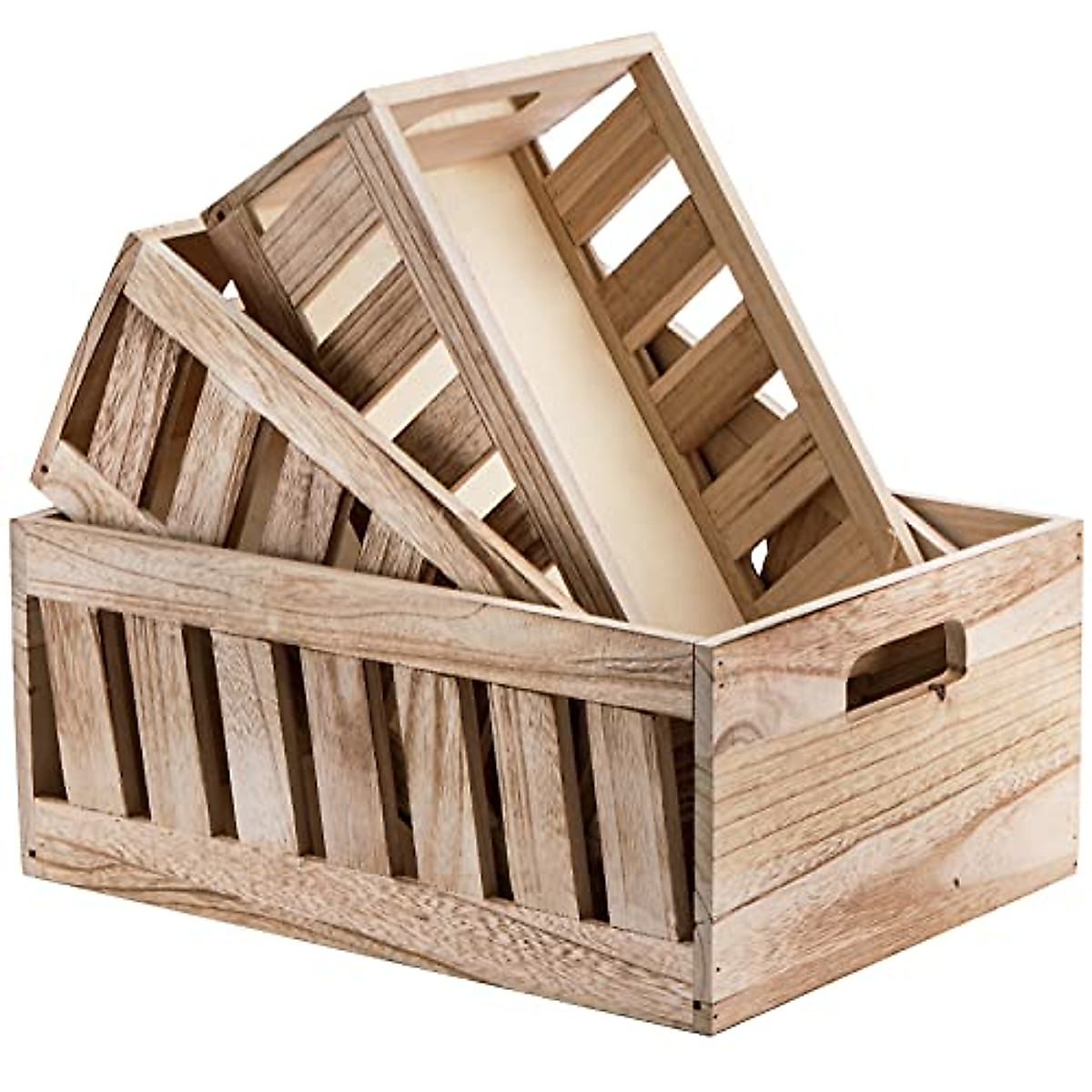 Nicunom Set of 3 Wood Nesting Crates with Handle, Rustic Wooden Decorative Crates, Wood Storage Crates, Wood Storage Boxes Containers for Display and Organization