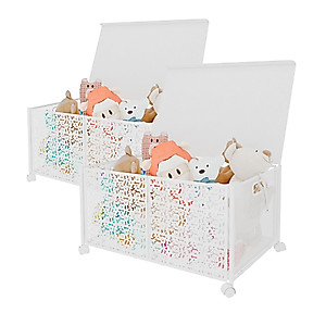 KILISTEELS 2 Pack Kids Toy Box Storage, Large Toy Organizers and Storage Bin, Foldable Metal Toy Chest with Wheels, Toy Box Storage Chest for Boys, Girls, Nursery, Playroom, White