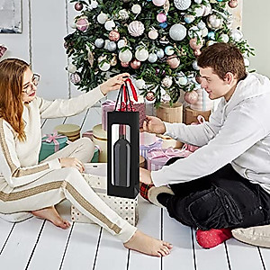 50 Pcs Wine Gift Bag with Window 4.9" x 3.6" x 14.2" Kraft Paper Wine Bags with Windows Kraft Paper Flower Wrapping Bag Transparent Window Bags for Valentine's Day Birthday Wedding Party Gift (Black)