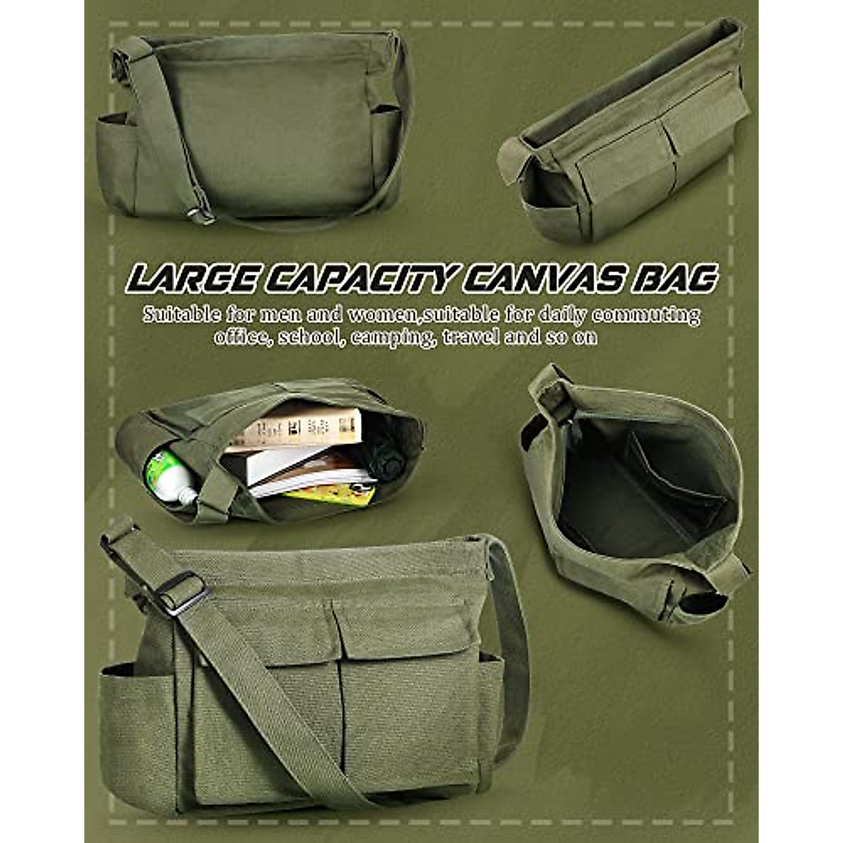 Sweetude Canvas Messenger Bag Crossbody Tote Bag with Multiple Pockets Laptop Large Shoulder Bags Aesthetic Casual Vintage Versatile School Cross Body Bag for Women Men, Green