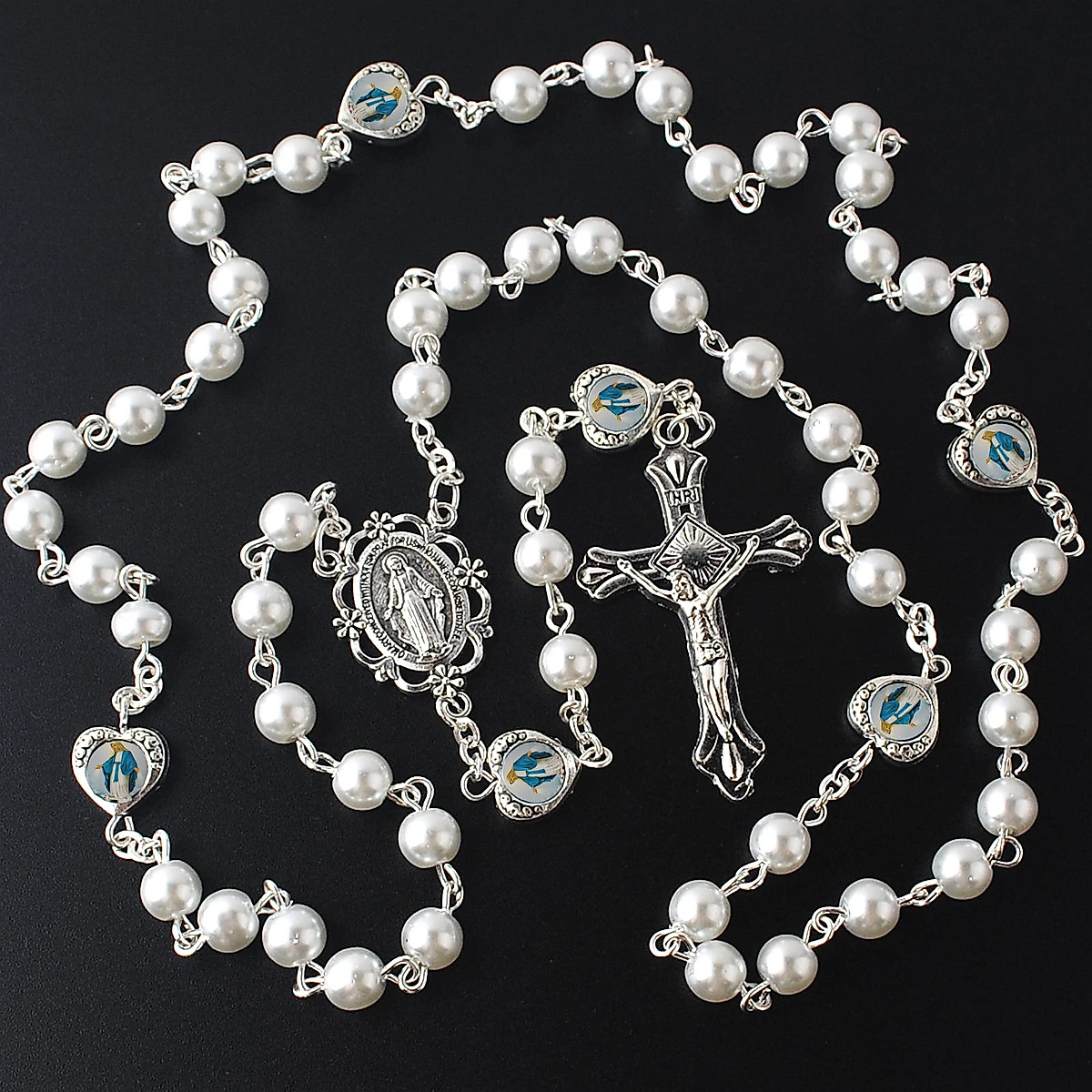 HanlinCC Glass Pearl Beads with Miraculous Epoxy Heart Metal Beads Rosary Necklace pack in Velvet Gift Bag with Rosary Pray Card (White)