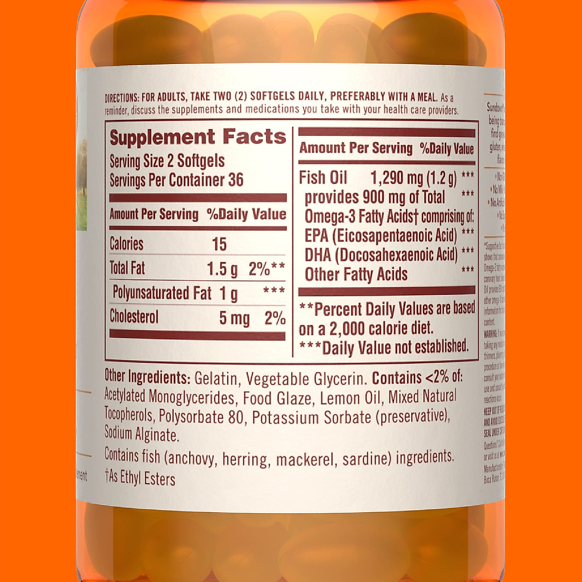 Sundown Odorless Fish Oil, 1290mg, Omega 3 Dietary Supplement, Supports Heart Health, 72 Coated Mini Softgels