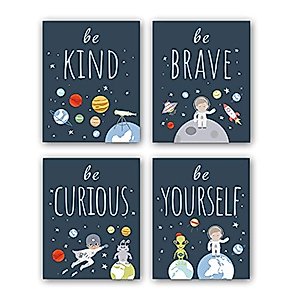 CHDITB Unframed Inspirational Art Print, Outer Space Planet Wall Art Painting,Set of 4（8" x10" ） Be Kind Be Brave Be Curious Be Yourself Quote Canvas Posters for Boys Kids Bedroom Nursery Decor