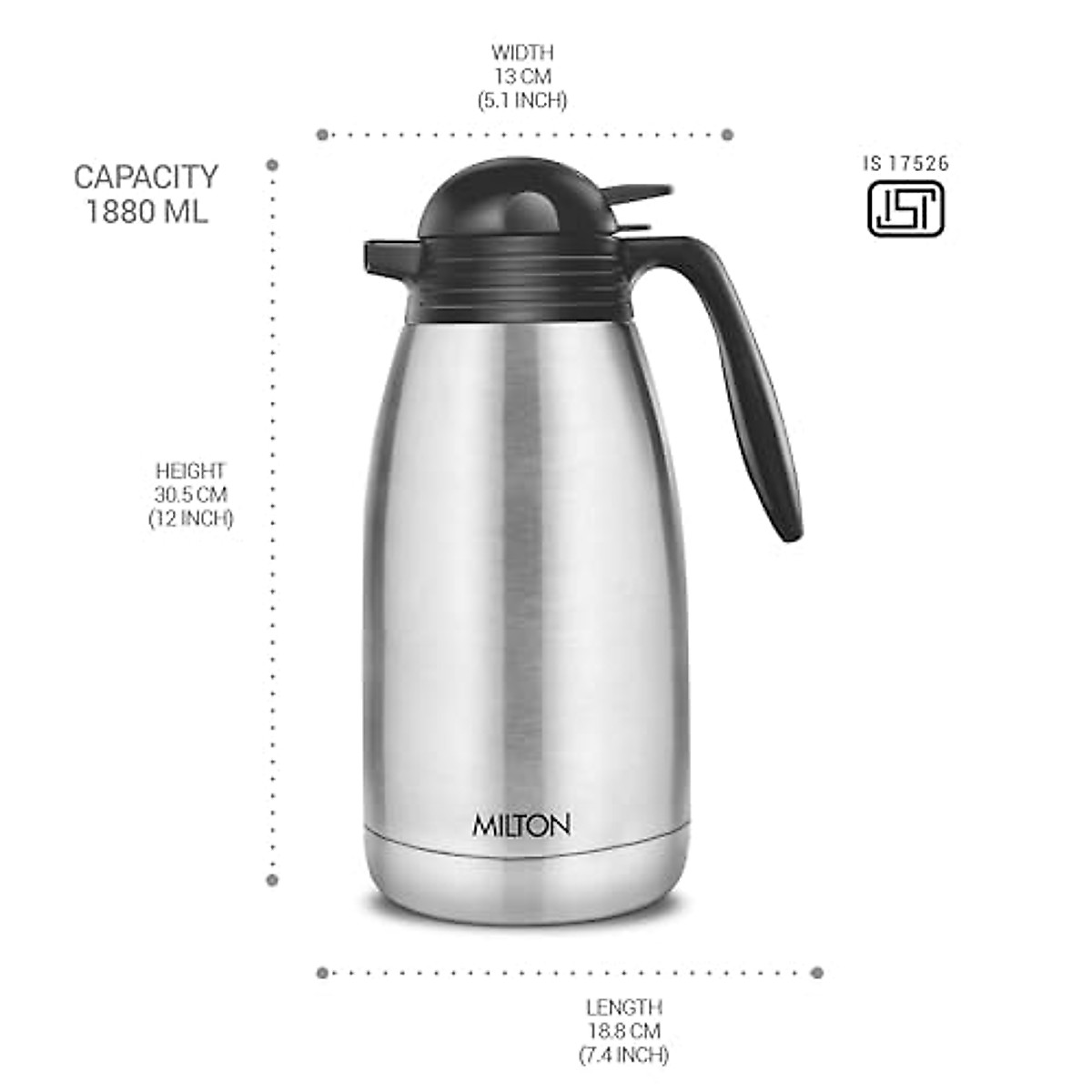 Milton Thermosteel Classic, 2000 ml | 68 oz | 2.1 qt. Stainless Steel Thermal Coffee Carafe, Hot and Cold for Long Hours, Vacuum Thermal Pot Flask for Tea a and Beverages, Rust and Leak-proof | Silver