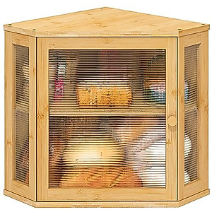 viewcare Corner Bread Box for Kitchen Counter, Bamboo Wood Large Capacity Bread Storage Bin with Acrylic Wavy Door Panel (Natural, Meduim)