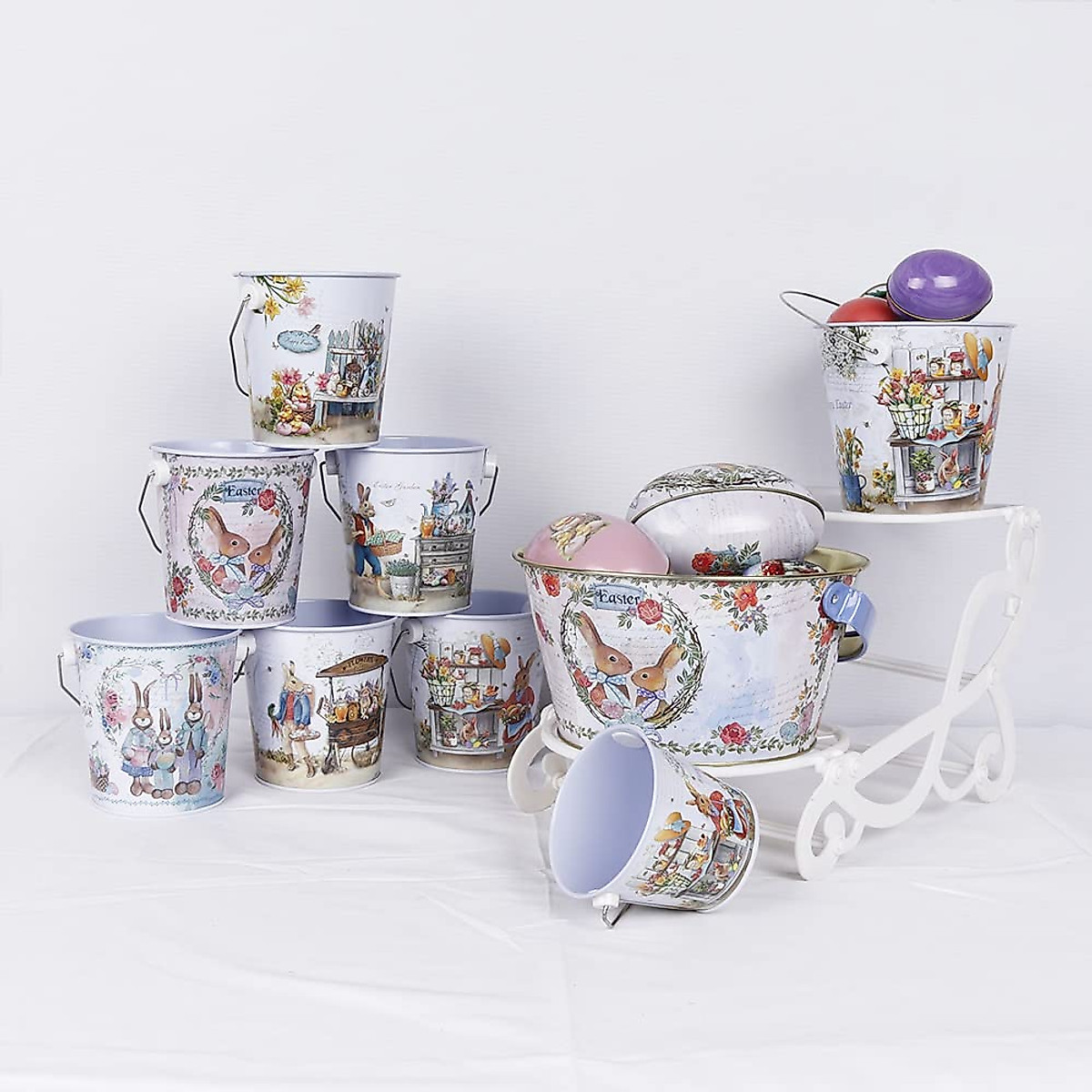 3 Pcs Easter Metal Buckets Easter Bunny Pail Baskets for Easter Eggs Hunt,Easter Pails Gift Baskets for Kids,Kids Easter Party Favor