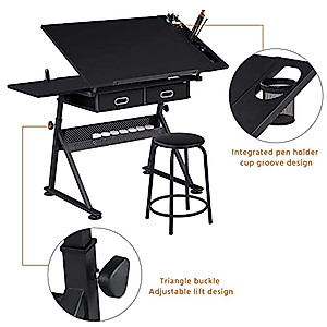 Yaheetech Art Craft Table Drawing Table Height Adjustable Drafting Desk Work Station with Tiltable Tabletop w/Stool and 2 Storage Drawers for Reading, Writing,Studying