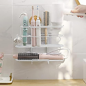 dpityserensio Hair Dryer Holder, Hair Tool Organizer, Wall Mount Metal Iron Blow Dryer Organizer, Bathroom Organizer Rack, Storage Basket for Comb, Curling Wands, Flat Irons (white)