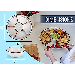 NAT & Jules Wood Partitions Matte White 16 inch Metal Enamel Divided Chip and Dip Tray