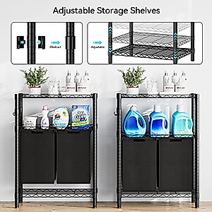 Laundry Sorters with 2 X 45L Laundry Bags & 2 Tier Adjustable Storage Shelf, Pull-Out and Removable Oxford Fabric Laundry Baskets, Black