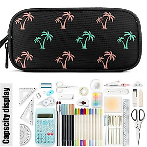 Fustylead Palm Trees Pencil Pen Case Stationery Bag, 3 Compartments School College Office Desk Organizer Storage Pouch Makeup Bag for Teen Boys Girls Students