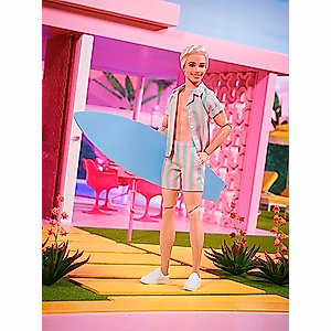Barbie The Movie Ken Doll Wearing Pastel Pink and Green Striped Beach Matching Set with Surfboard and White Sneakers
