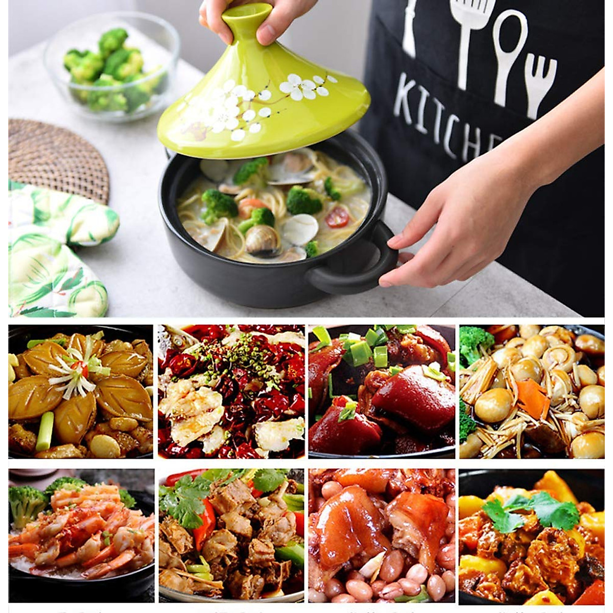 Tagine Pot with Handle, 20cm, Ceramic Pot, Casserole lid, Claypot Rice, High Temperature Resistance, Hand-Made Hand-Painted Taji Pot Slow Cooker Clay/White 2