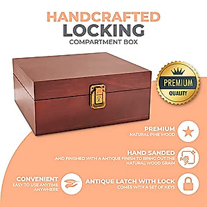 Wooden Storage box with Compartments and Key Lock - Locking Keepsake Box for Collectibles - Decorative Wood Box with Hinged Lid (Dark Brown)