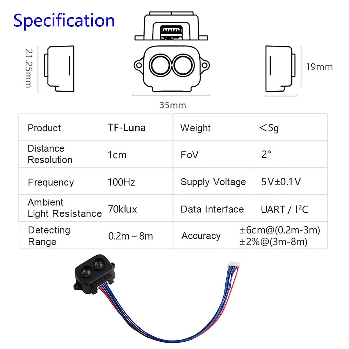 Wishiot TF-Luna LiDAR Range Finder Sensor 0.2m-8m Single-Point Ranging Module UART/I2C 5V with 6Pin Terminal to Dupont Cable for Arduino/RPi Pico/Pixhawk/WiFi_Lora_32