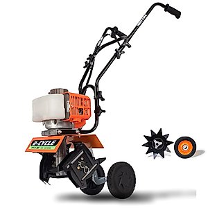 PROYAMA Gas Tiller Cultivator, 43cc 2-Cycle Garden Tiller, 2 in 1 Gas Powered Cultivators with Edger Kit, 4 Steel Tines, 6-12” Adjustable Width, 8” Max Depth
