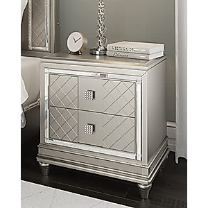 Signature Design by Ashley Chevanna Glam Embossed Diamond-Patterned 2 Drawer Night Stand with USB Charging Ports, Chrome